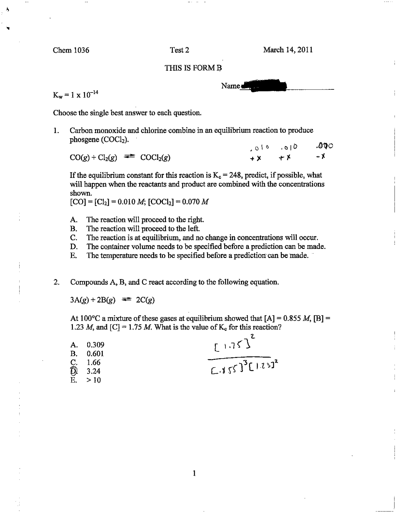 Exam 2 Mcqs With Answers General Chemistry Chem 1036 Docsity
