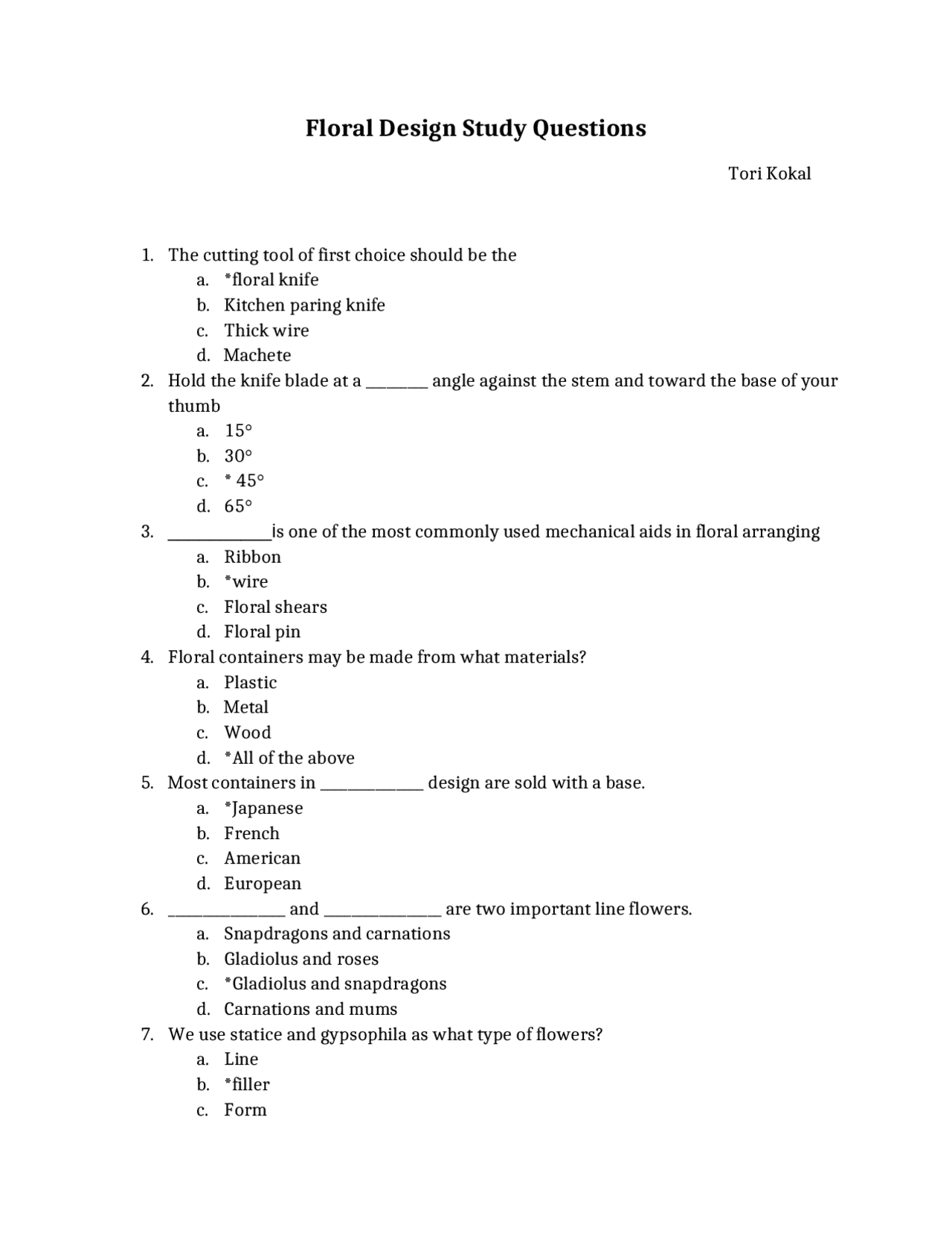 Exam 2 Study Questions - Floral Design | HORT 2164 - Docsity