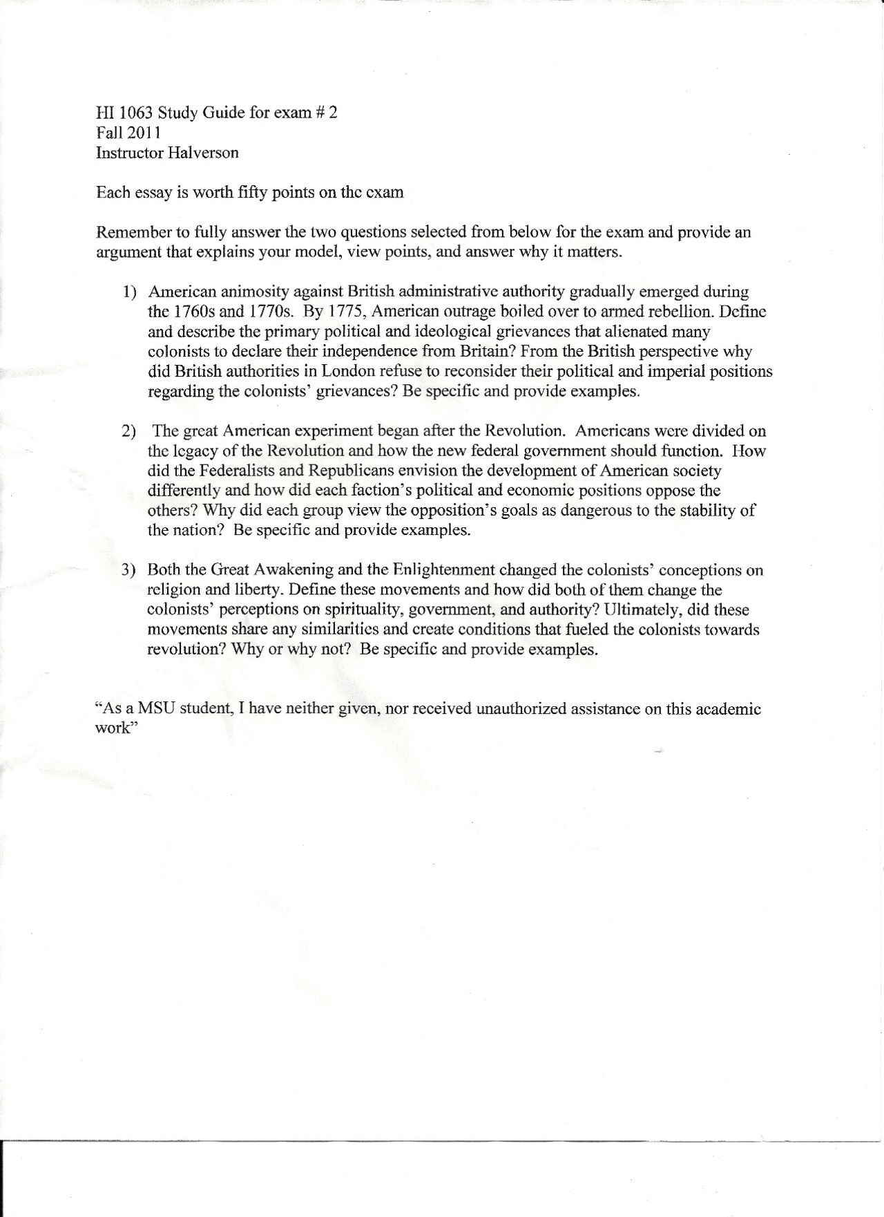 Exam 2 Study Guide | Early United States History | HI 1063 | Exams ...