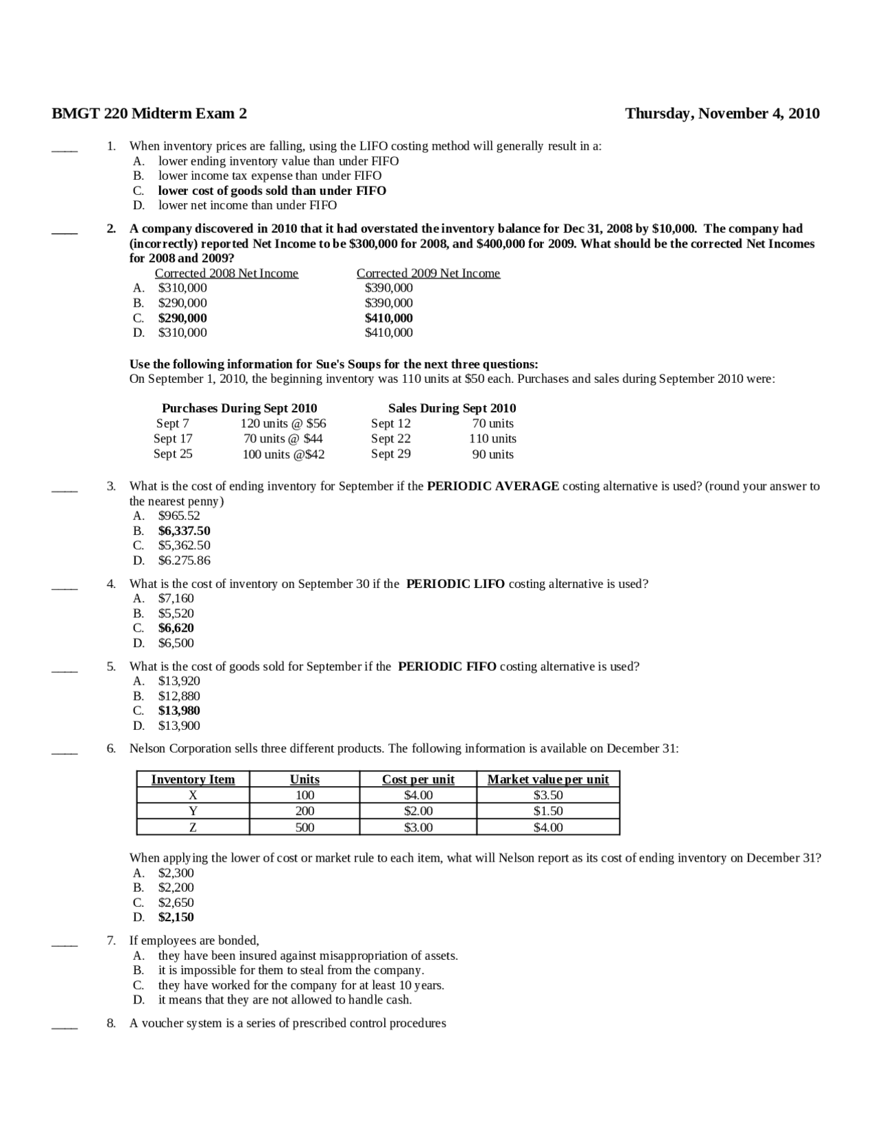 Multiple Choice Accounting Test With Solutions Bmgt 220 Docsity