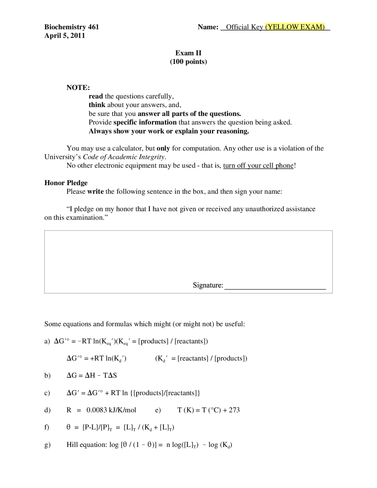 10 Questions On Biochemistry I Exam Ii Bchm 461 Docsity
