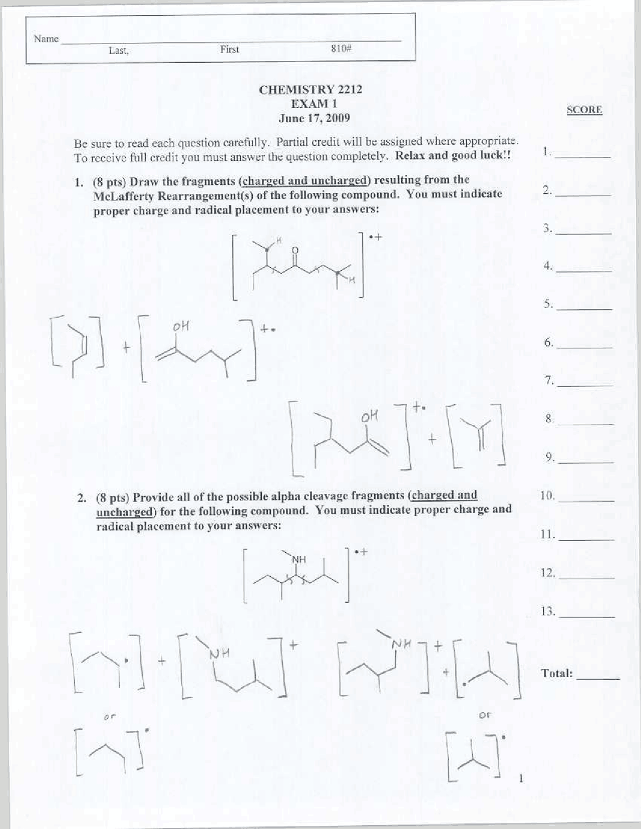 Solution Key For Exam 1 Chemistry Ii Fall 2009 Chem 2212 Docsity