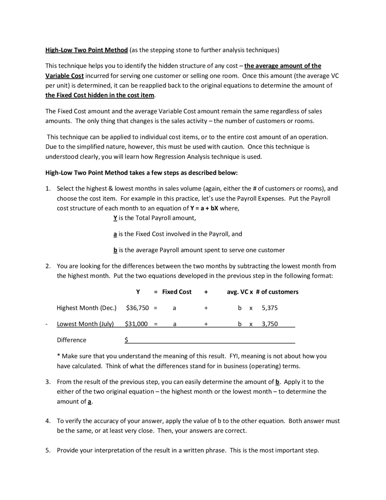 High-Low Two Point Method - Hospitality Industry Managerial - Handout ...
