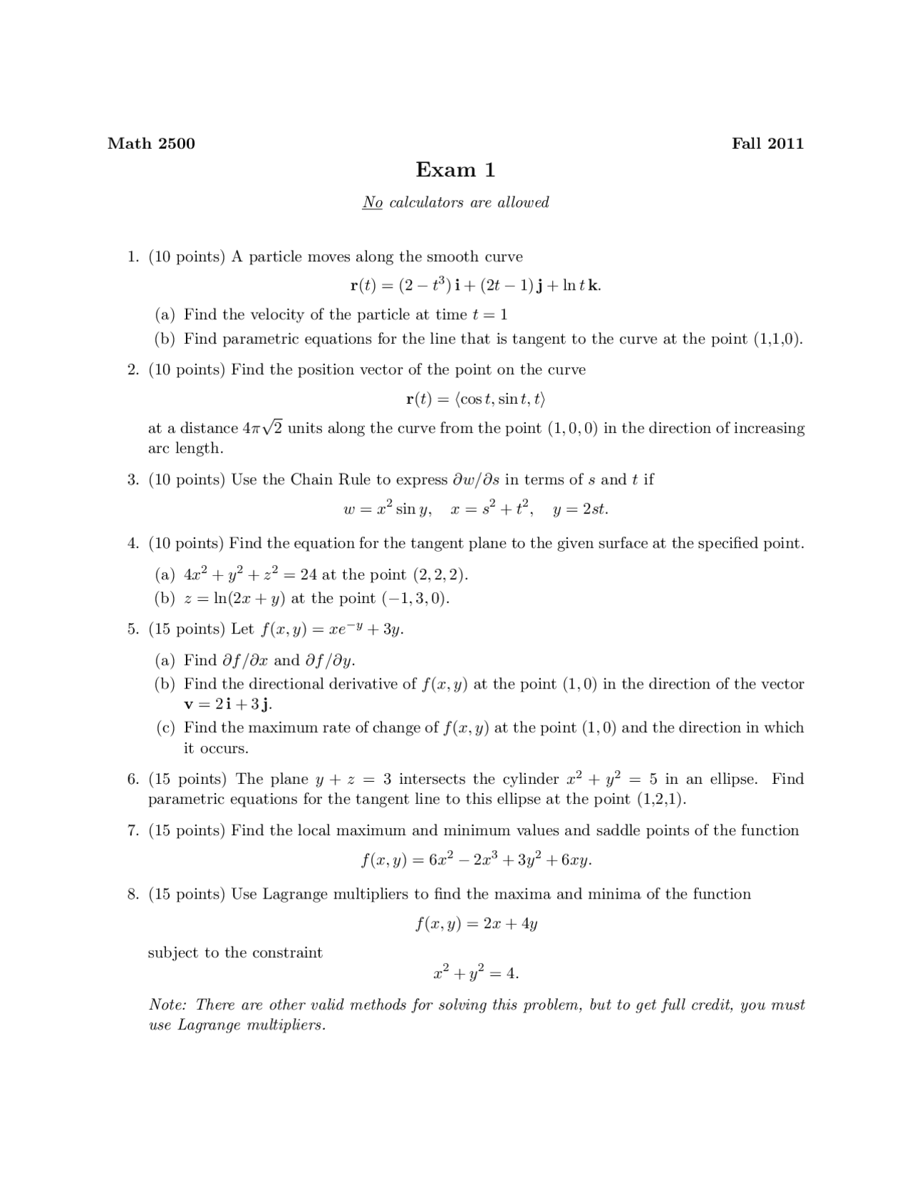 8 Problems In Exam 1 Multivariable Calculus Math 2500 Docsity