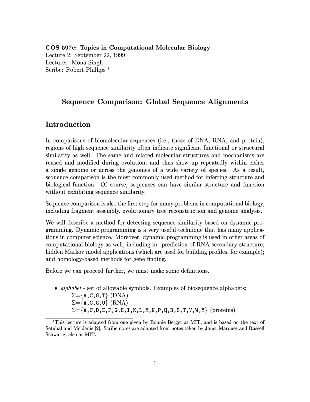 Space Comparison Global Sequence Alignmnets Lecture Notes Medical