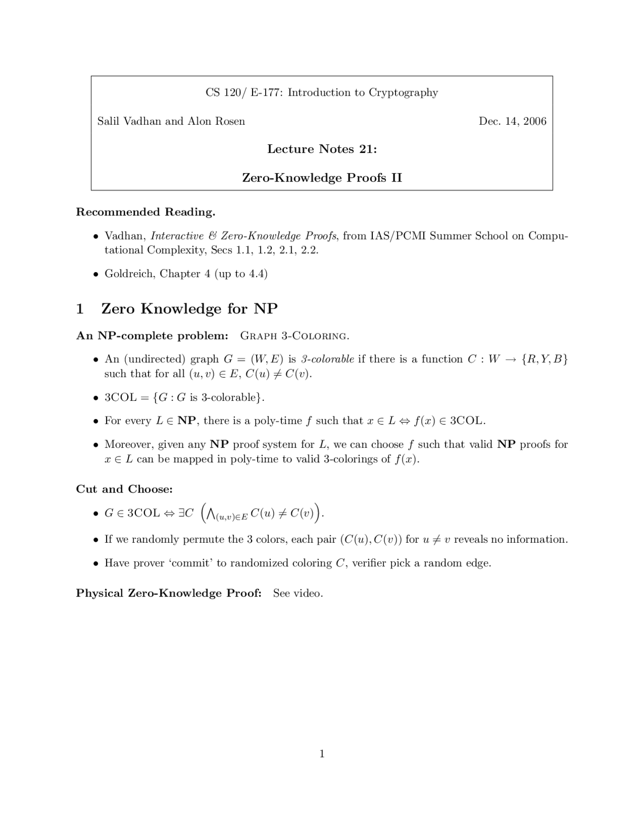 Crytography Zero Knowledge Proof Application Lecture Notes Computer