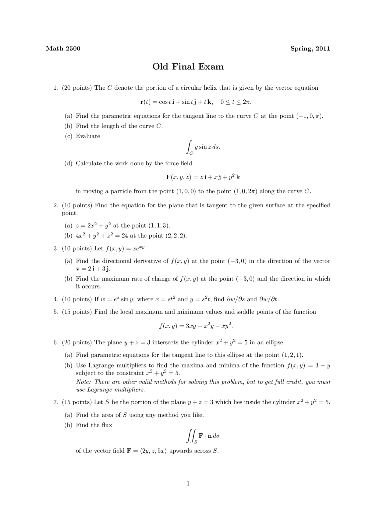 Final Exam Multivariable Calculus Math 2500 Docsity