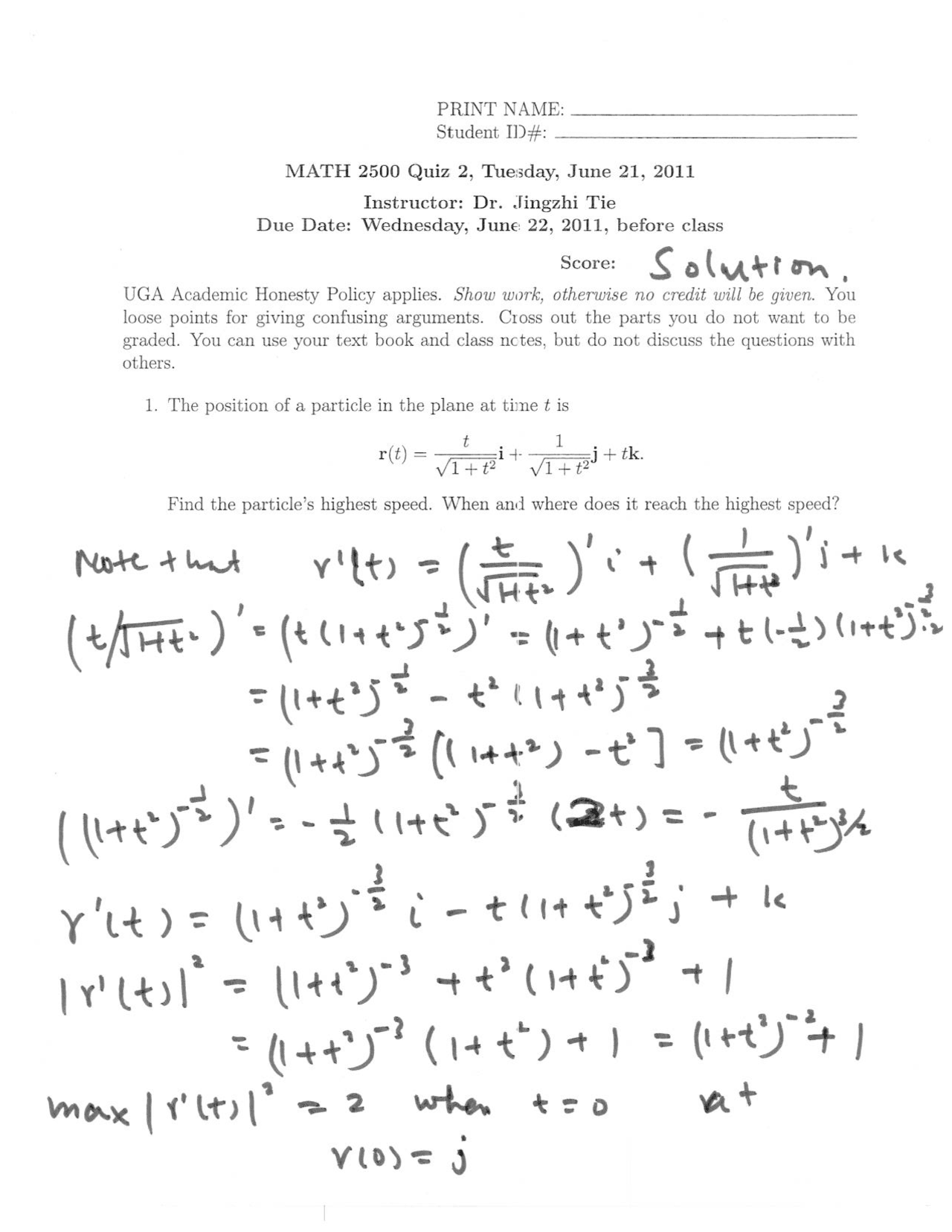 Quiz 2 Solutions Multivariable Calculus 2011 Math 2500 Docsity