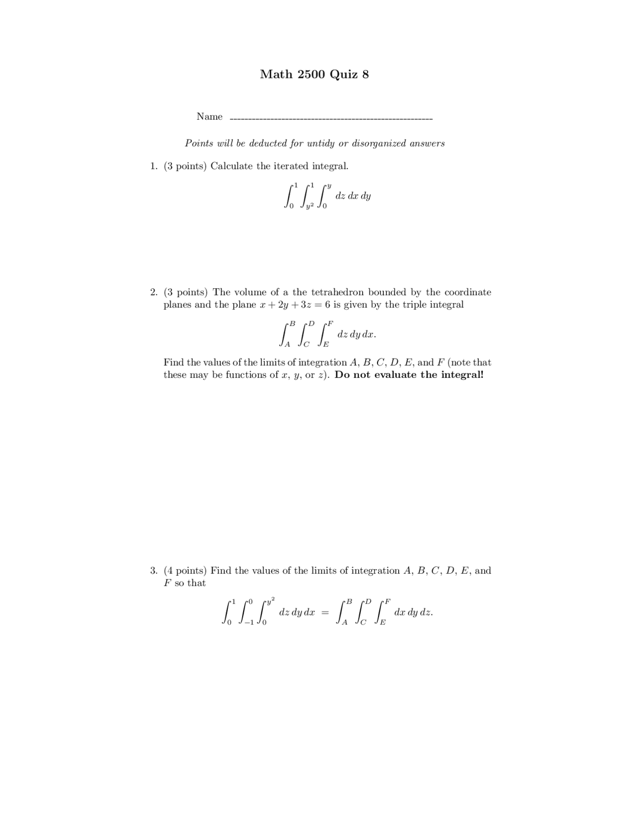 Calculate Iterated Integral - Quiz 8 | MATH 2500 - Docsity