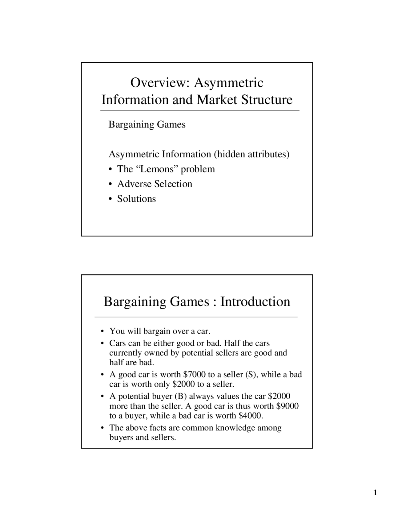 Asymmetric Information And Market Structure Lecture Notes Economics