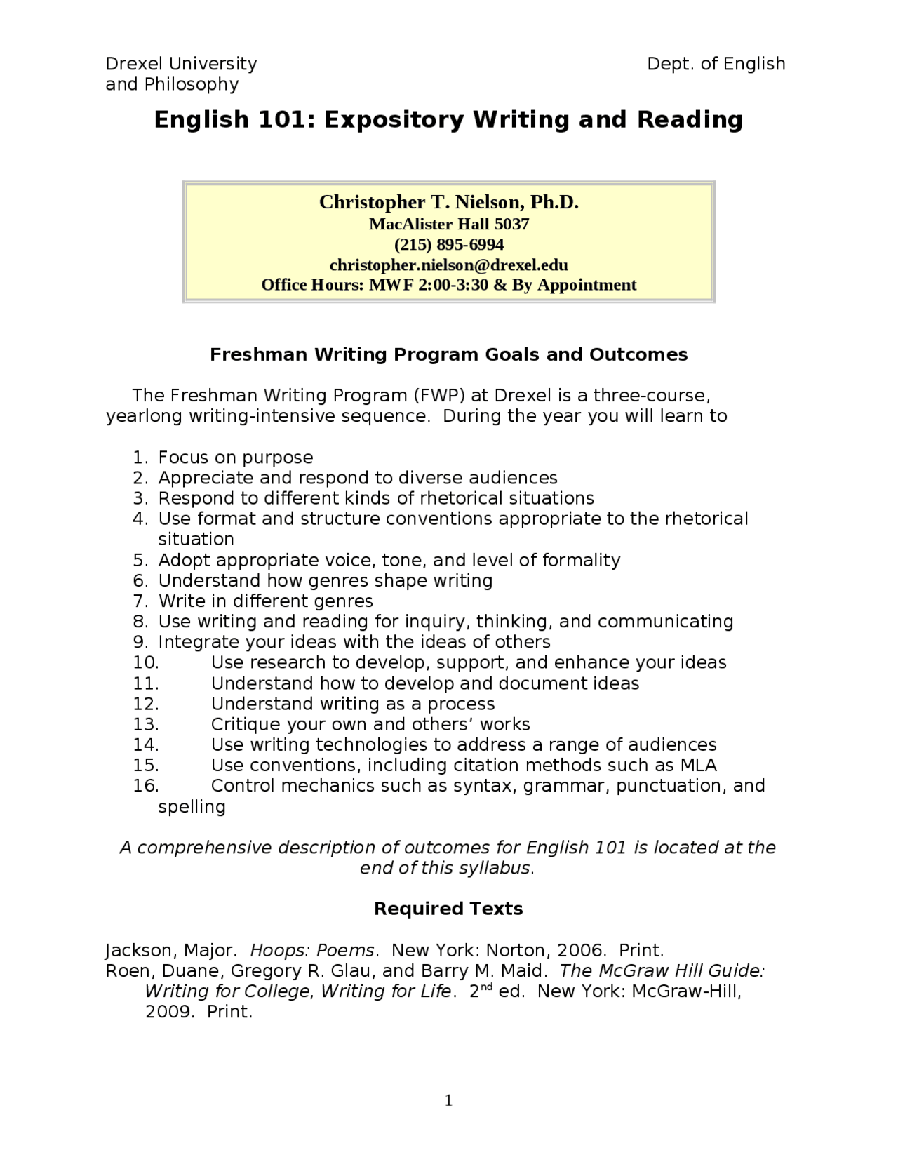 Drexel University English 101 Course Syllabus and Project Descriptions ...