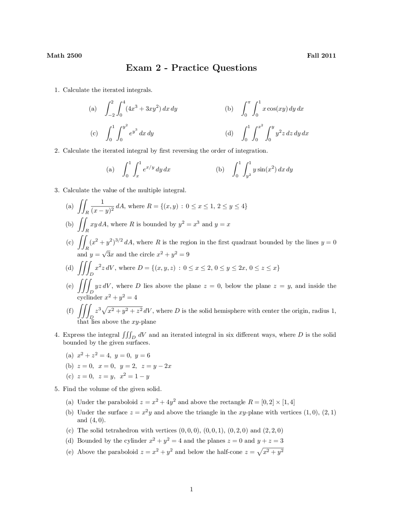 Practice Questions Exam 2 Multivariable Calculus Fall 2011 Math