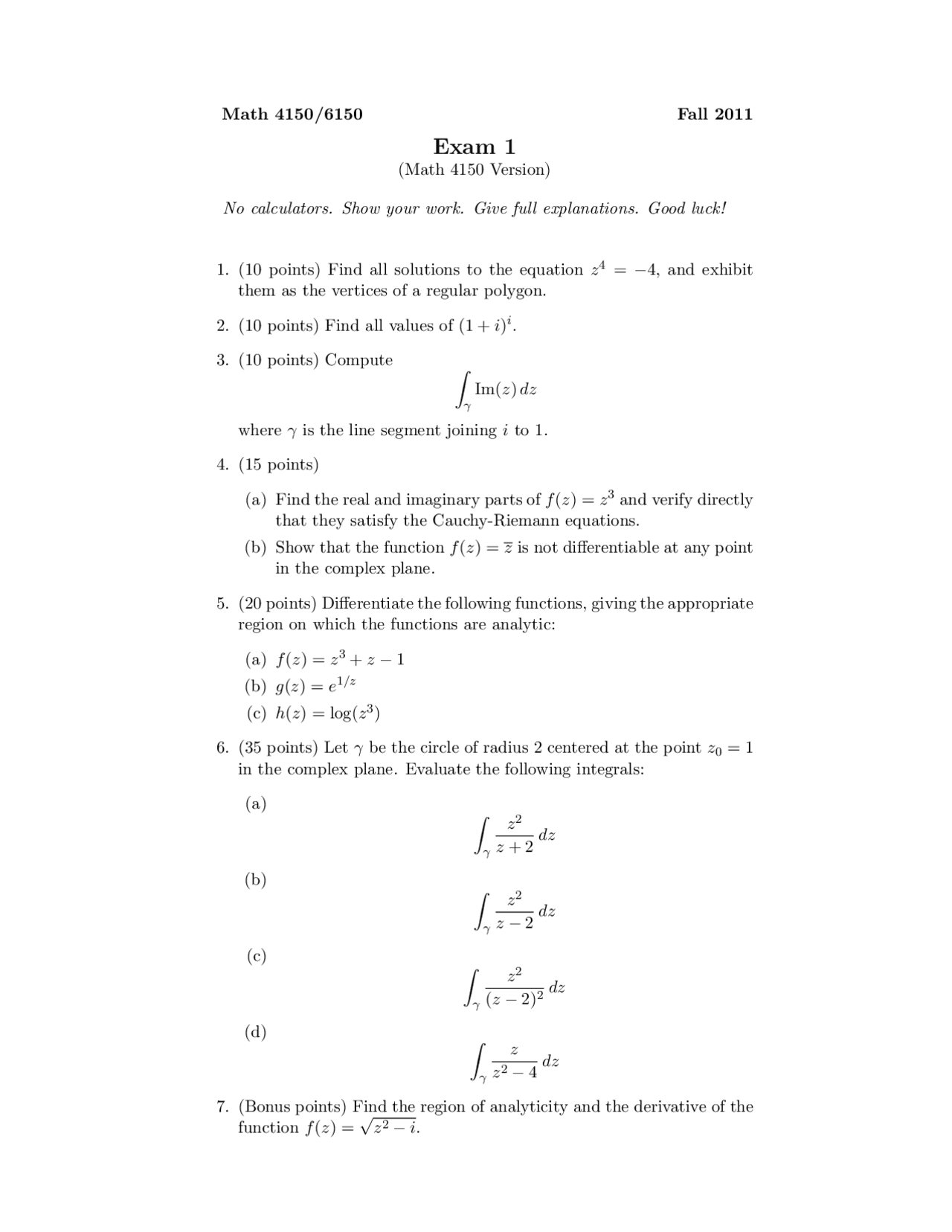 7 Questions In Exam 1 Complex Variables Math 4150 Docsity
