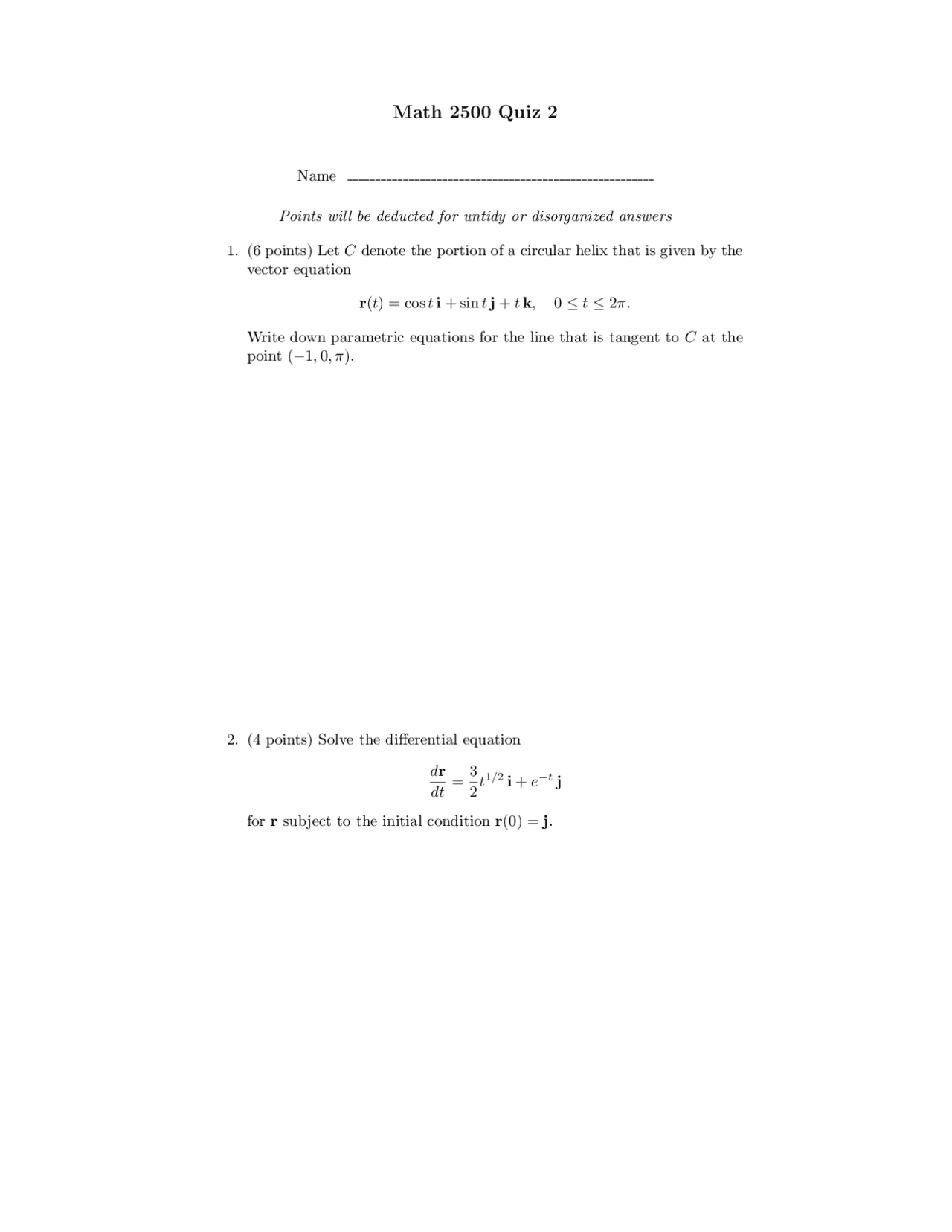 2 Questions on Multivariable Calculus - Quiz 2 | MATH 2500 | Quizzes ...