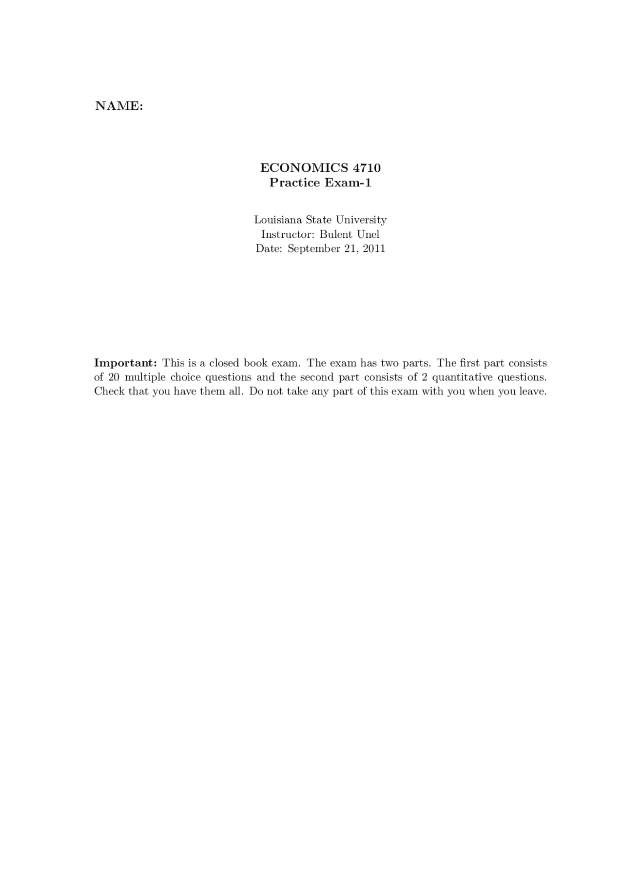 Questions For Practice Exam 1 Intermediate Macroeconomics Econ 4710