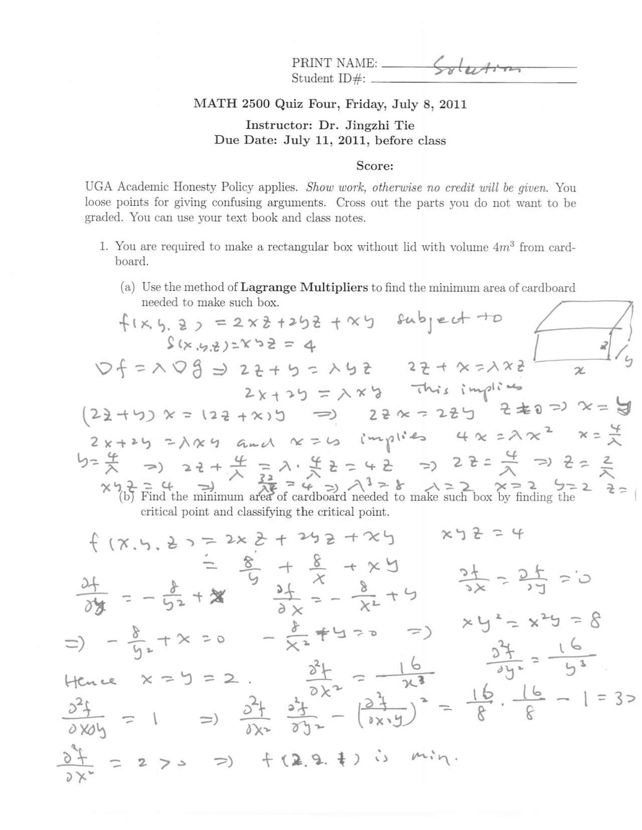 Quiz 4 With Solution Key Multivariable Calculus 2011 Math 2500