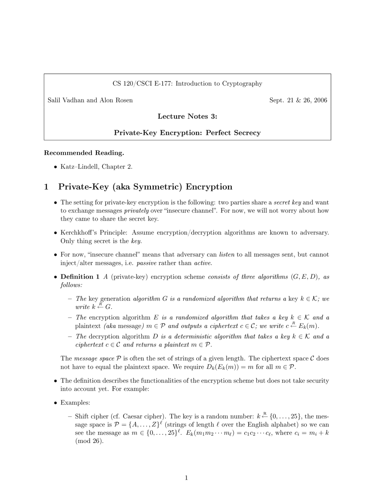 Crytography Private Key Encryption Lecture Notes Computer Science