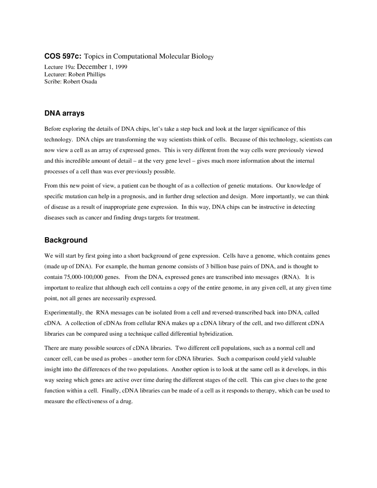 Dna Arrays Lecture Notes Medical Science Prof Robert Philips