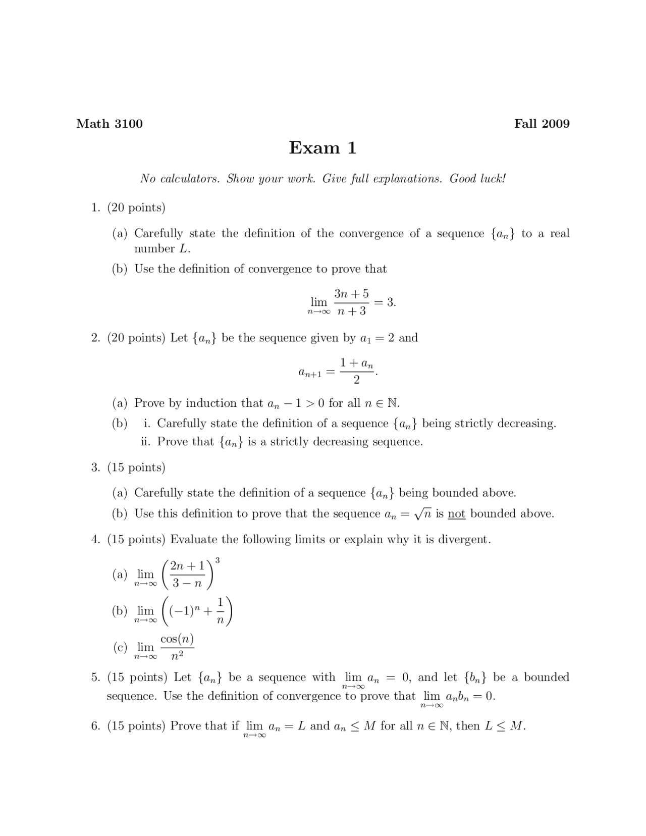 Use Definition of Convergence and Sequence - Exam 1 | Sequences and ...