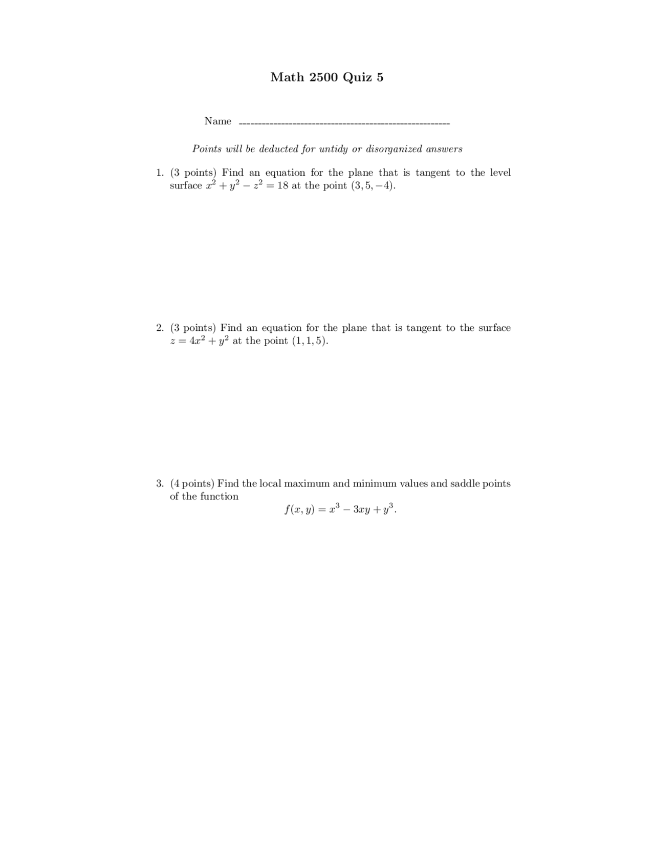 Quiz 5 Questions Multivariable Calculus Math 2500 Docsity