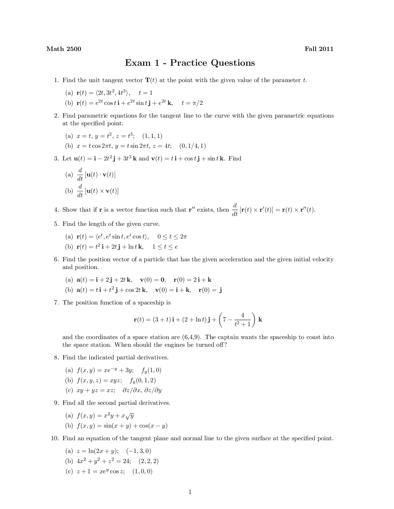 Exam 1 Practice Questions Multivariable Calculus Math 2500 Docsity
