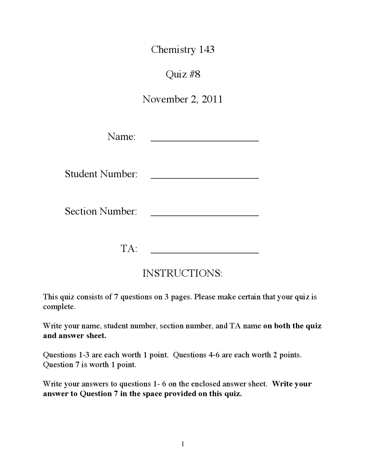 Survey Of Organic Chemistry Quiz 8 Questions Cem 143 Docsity