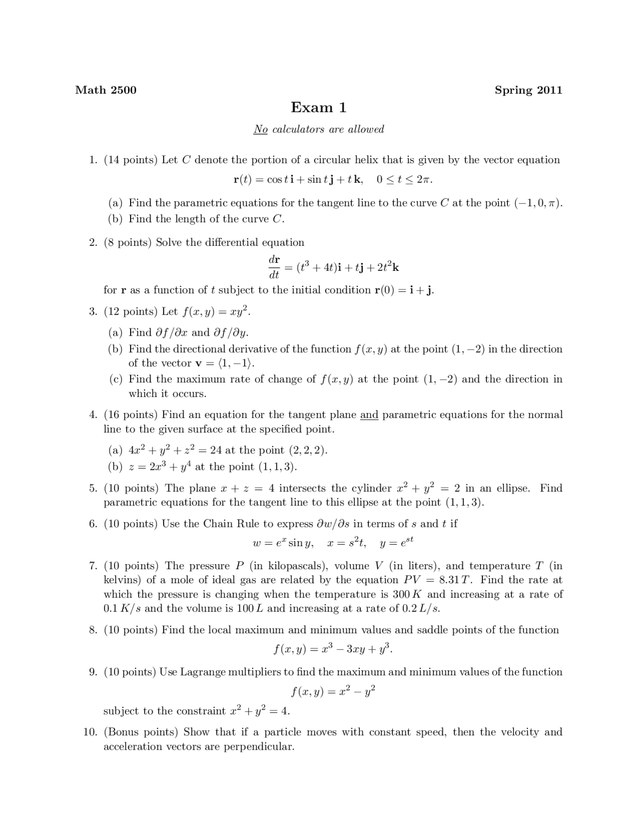 Exam 1 Questions Multivariable Calculus Math 2500 Docsity