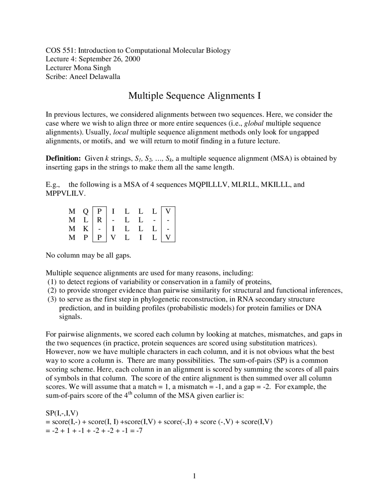 Multiple Sequence Allignments Lecture Slides Medical Science Docsity