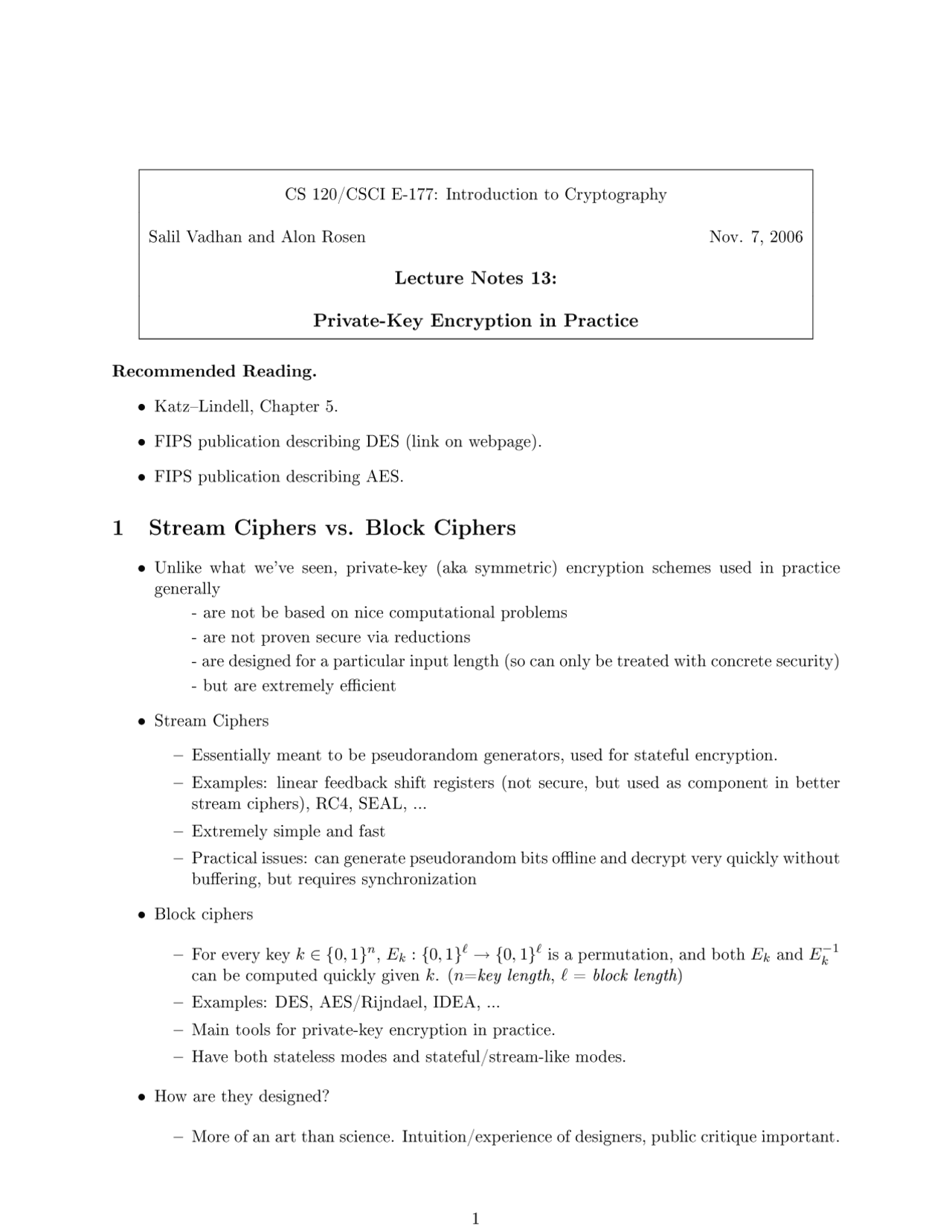 Crytography Private Key Encryption Usage Lecture Notes Computer