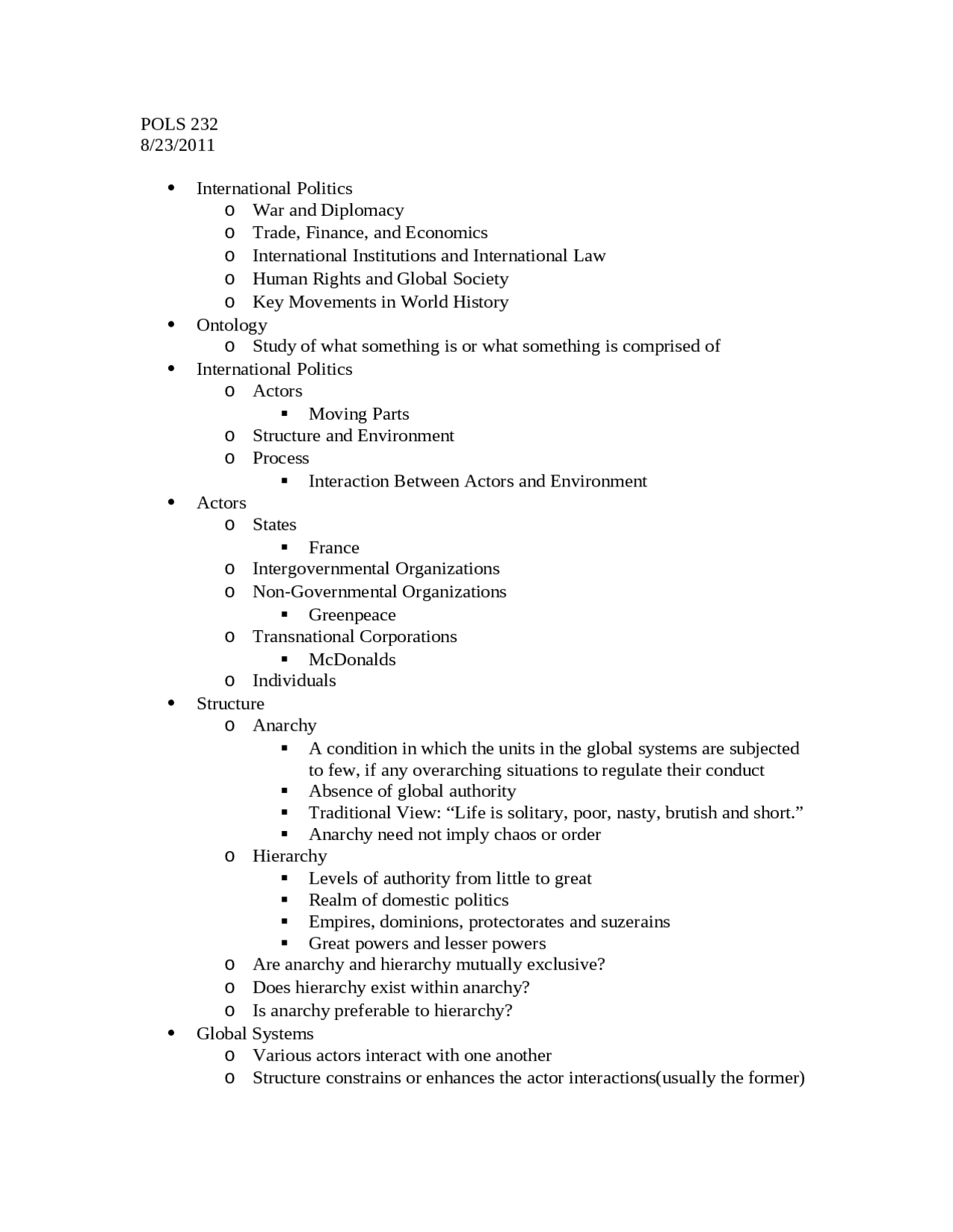 Notes On International Relations Pols 232 Docsity
