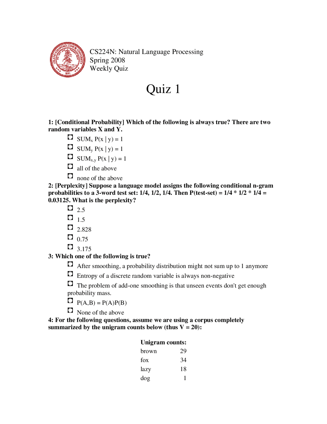 Exam Weekly Quiz 1 Natural Language Processing Exercises Natural