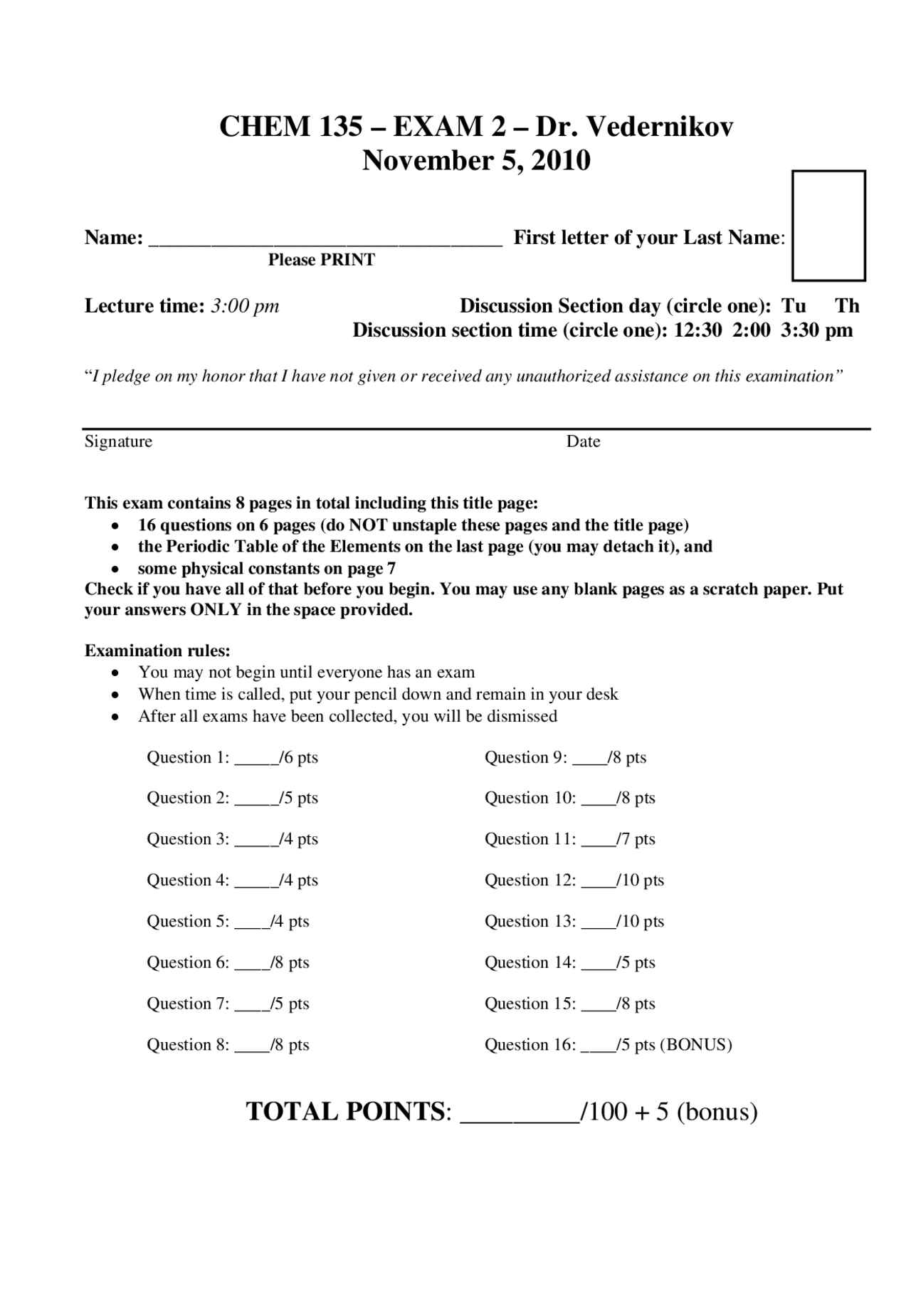Exam For General Chemistry For Engineers Chem 135 Docsity