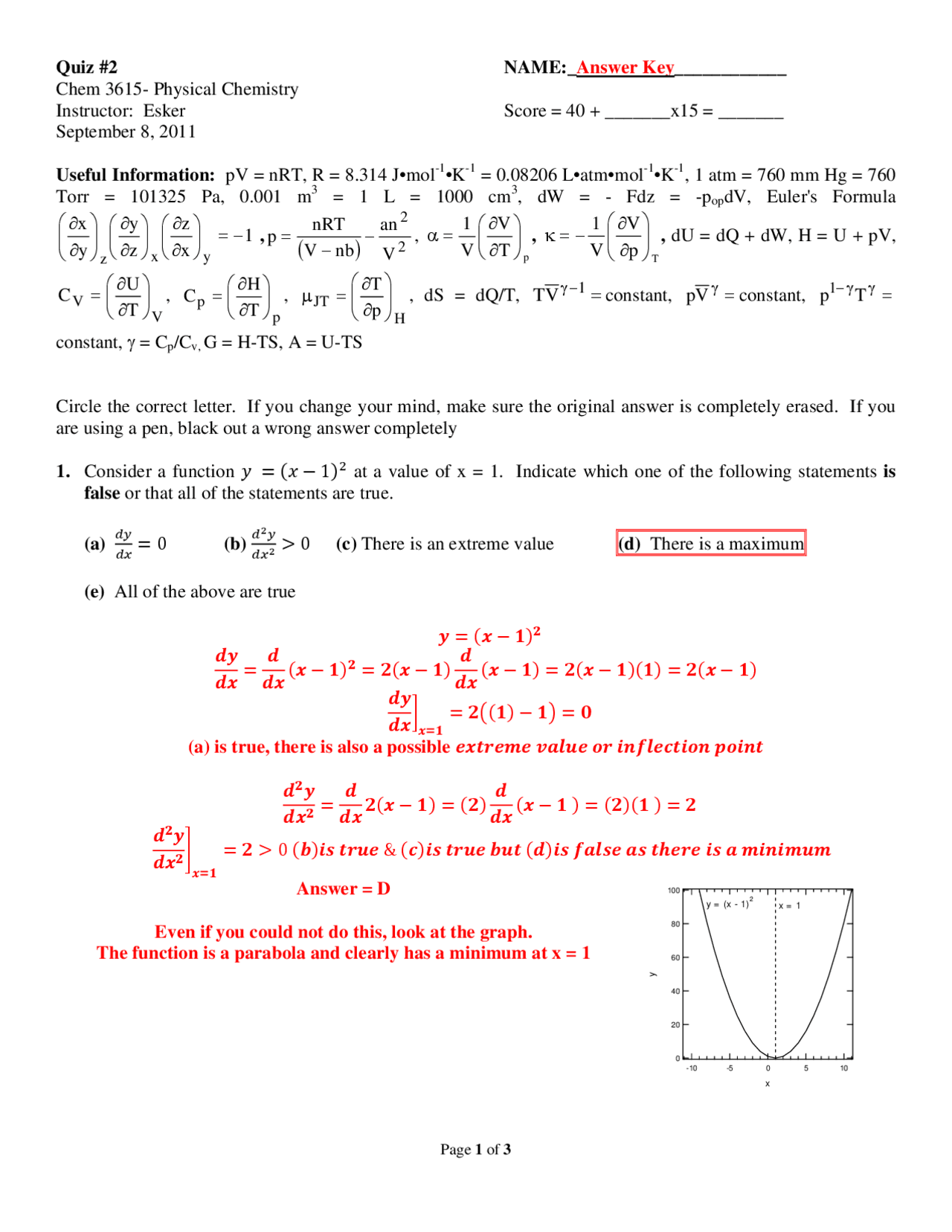 Solved Questions For Physical Chemistry Quiz Ii Chem 3615 Docsity