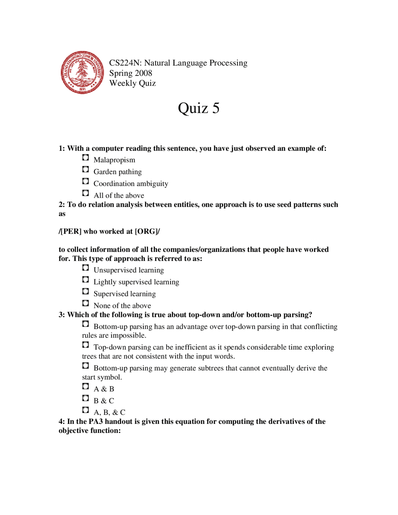 Exam Weekly Quiz 5 Natural Language Processing Exercises Natural Language Processing Nlp