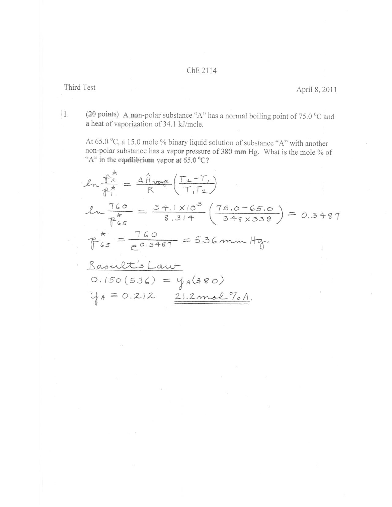 Test 3 Solved Mass And Energy Balances Fall 2011 Che 2114 Docsity