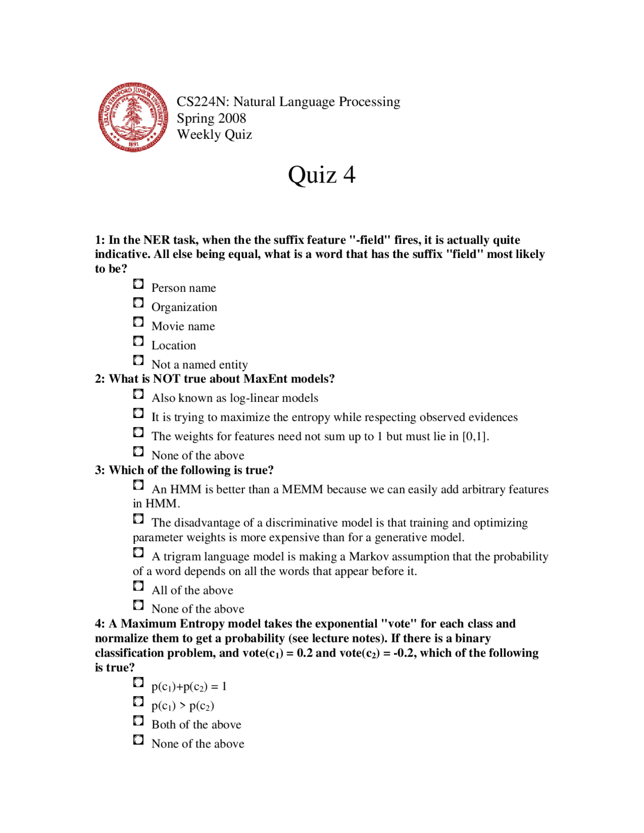 Exam Weekly Quiz 4 Natural Language Processing Exercises Natural