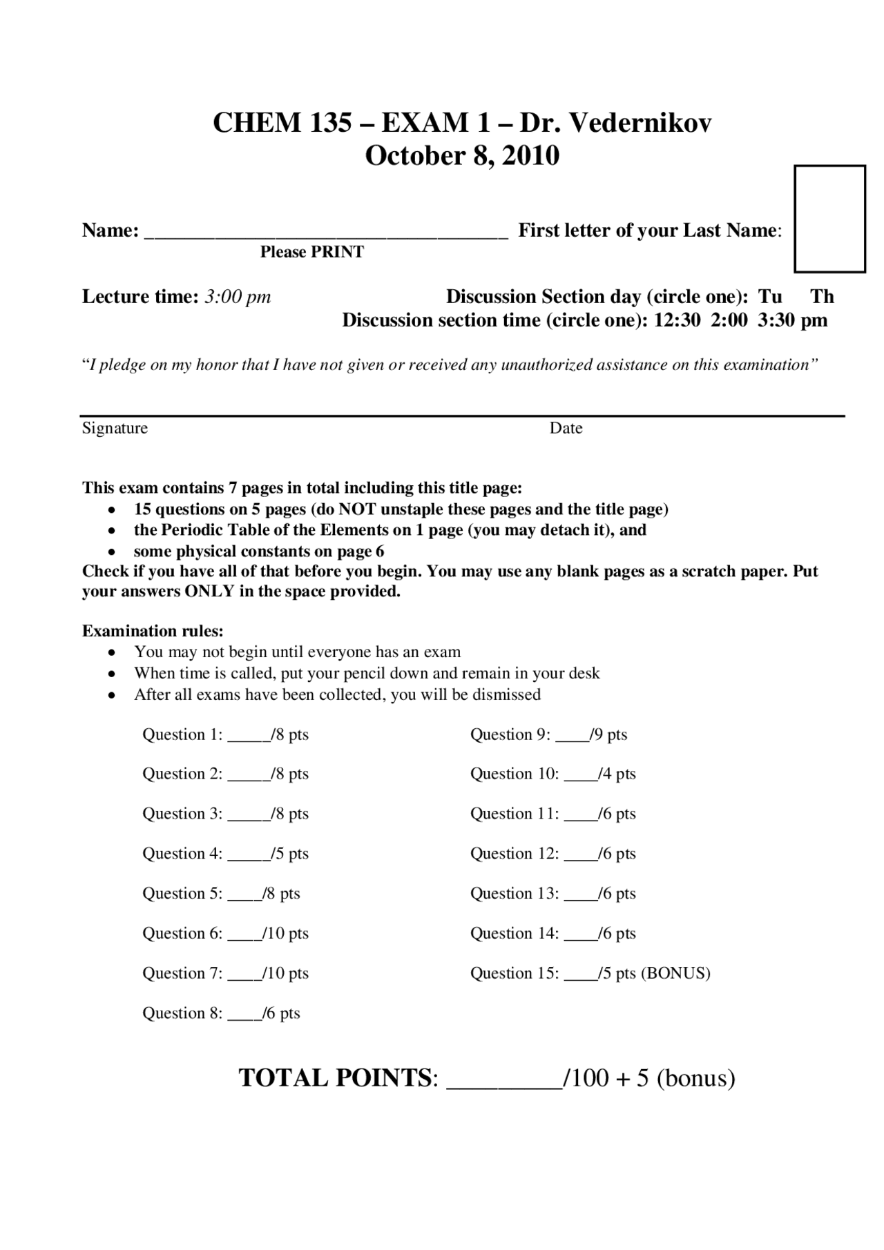 15 Questions of General Chemistry for Engineers - Exam 1 | CHEM 135 ...