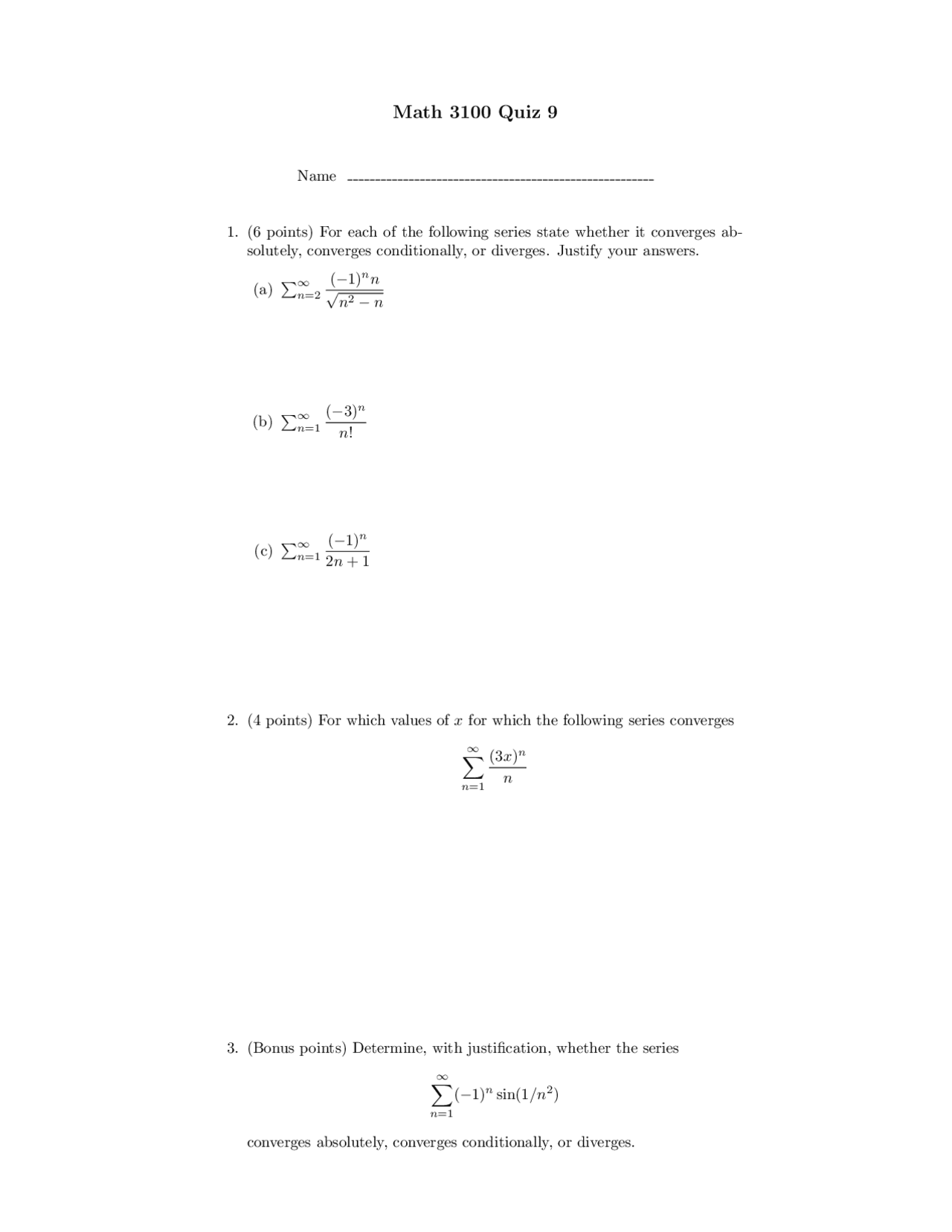 3 Questions In Sequences And Series Quiz 9 Math 3100 Docsity