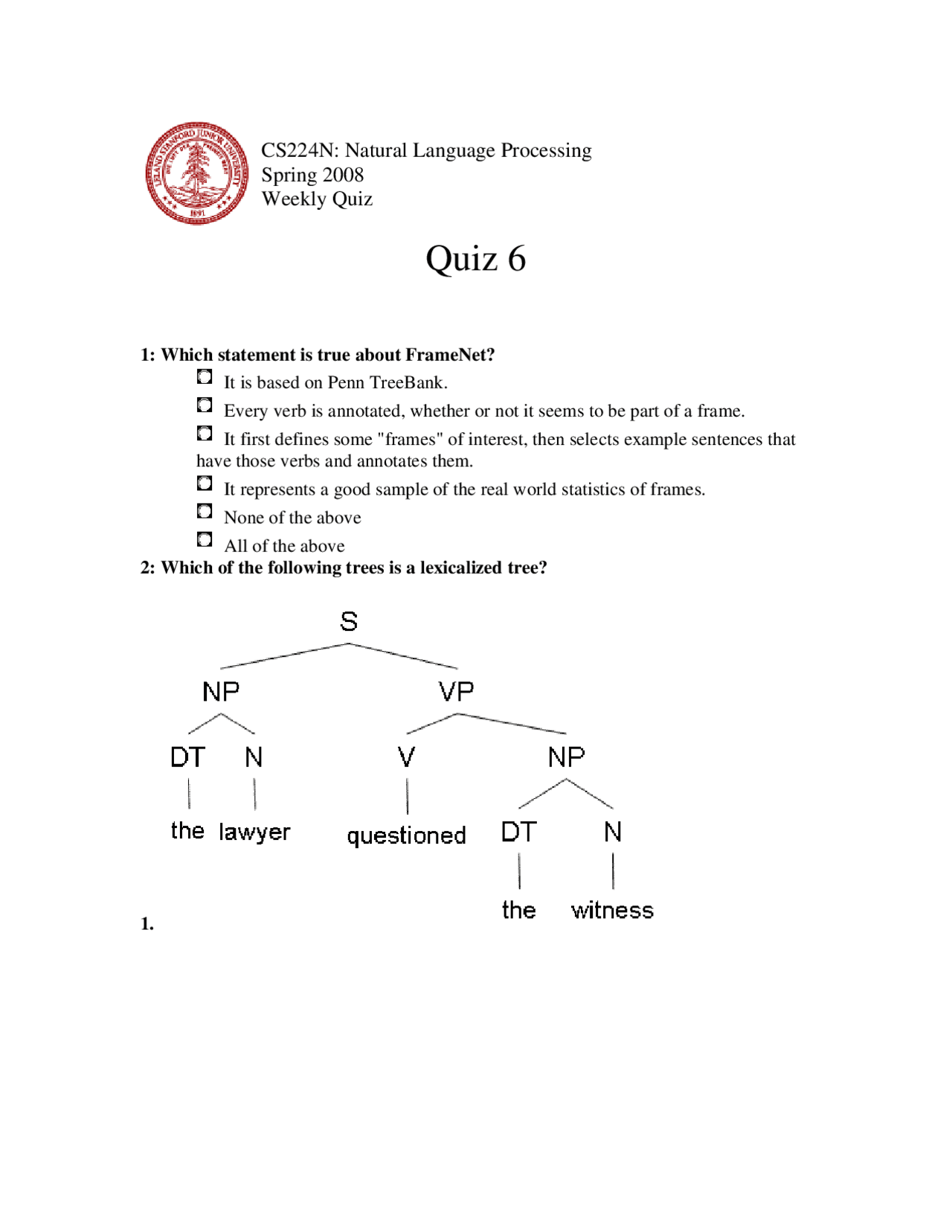 Exam - Weekly Quiz 6 - Natural Language Processing | Exercises Natural Language Processing (NLP ...