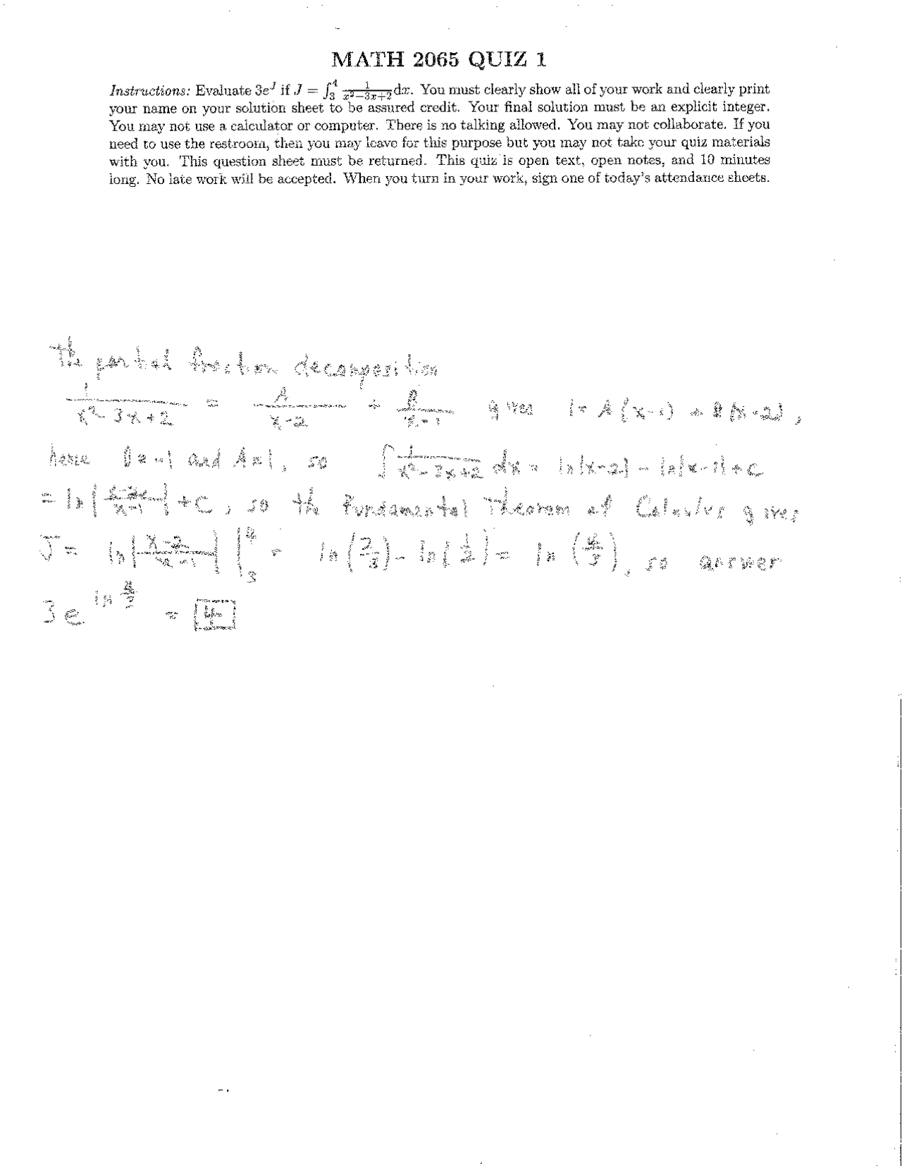 Partial Fraction Decomposition Quiz 1 Math 2065 Docsity