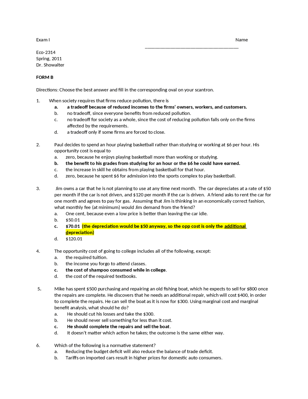 Exam 1 With Answer Key Principles Of Microeconomics Eco 2314 Docsity