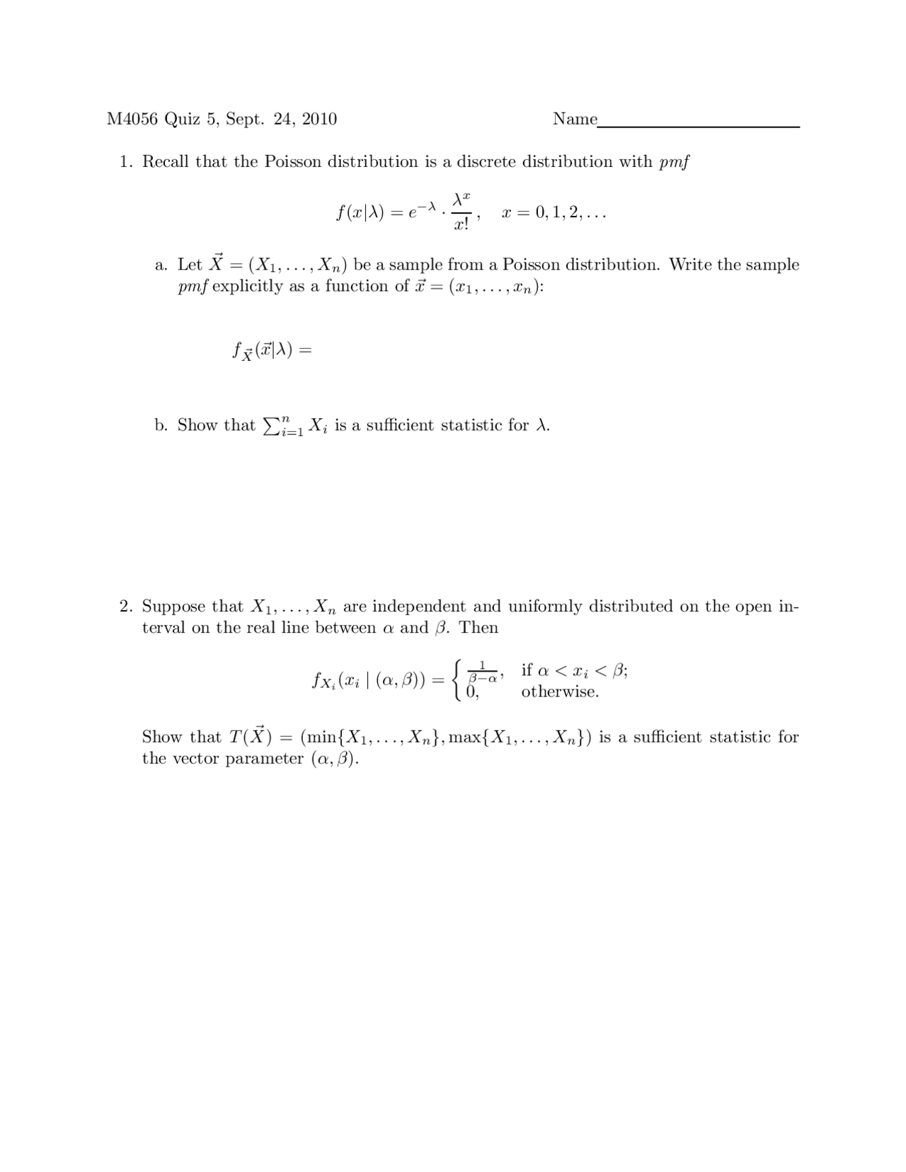 Poisson Distribution and Sufficient Statistics for Quiz 5, Sept. 24 ...