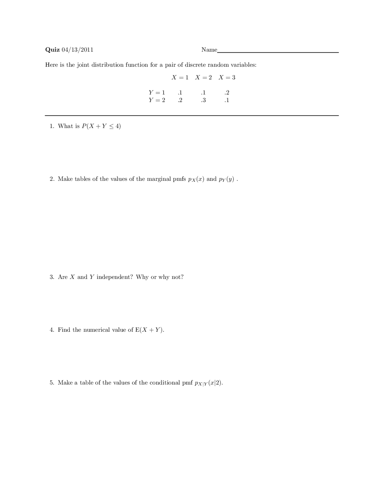 5 Problems on Probability - Fall 2011 - Quiz 11 | MATH 3355 | Quizzes Probability and Statistics ...