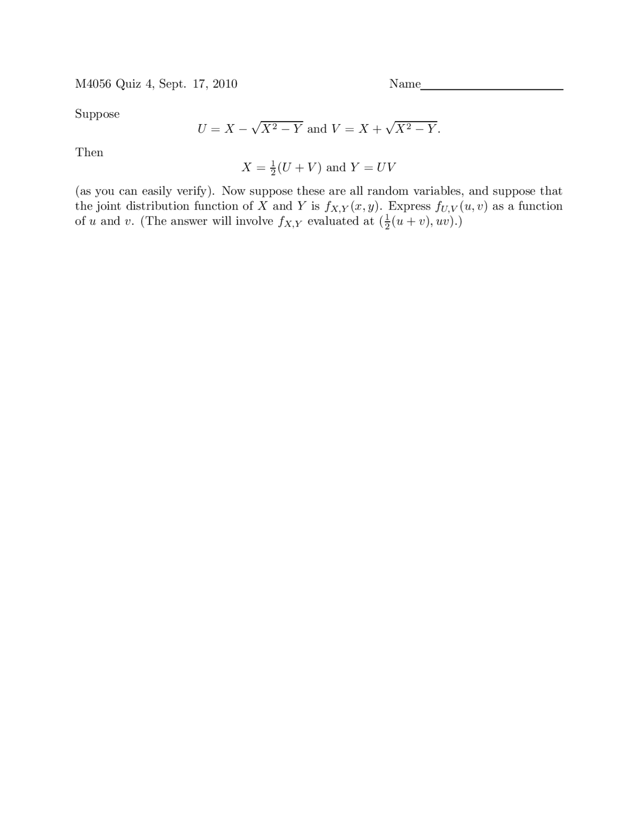 Joint Distribution Functions - Quiz 4 | MATH 4056 - Docsity
