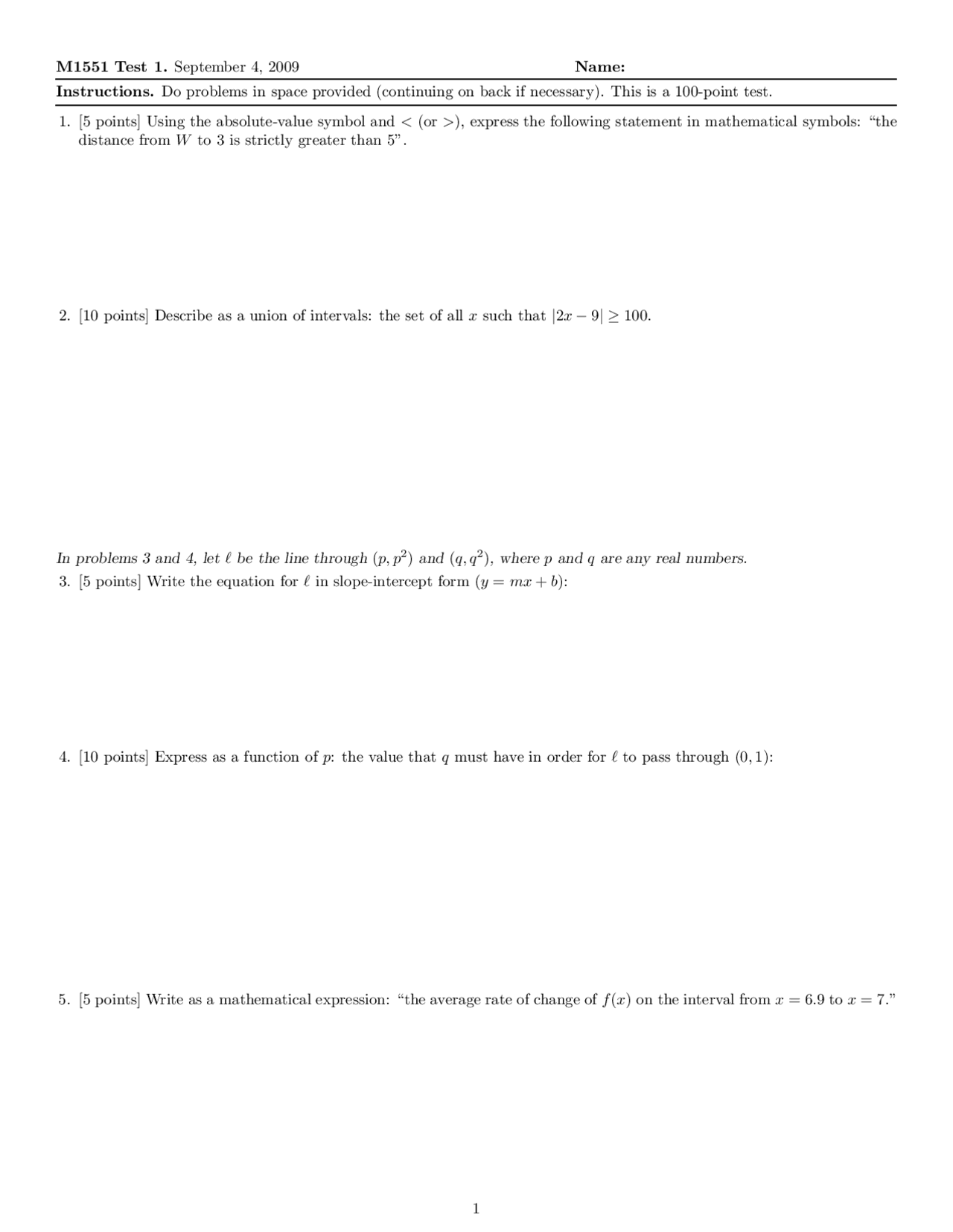 10 Questions Of Exam 1 Geometry Calculus I Math 1551 Docsity