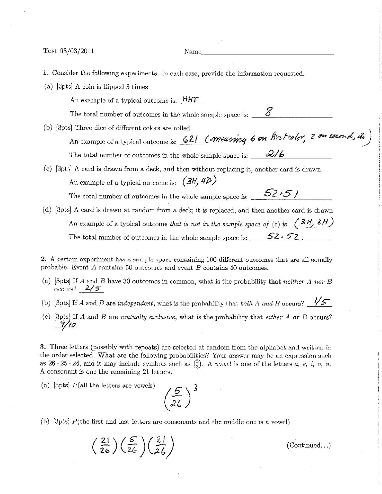 Test with Answer Key - Probability | MATH 3355 - Docsity