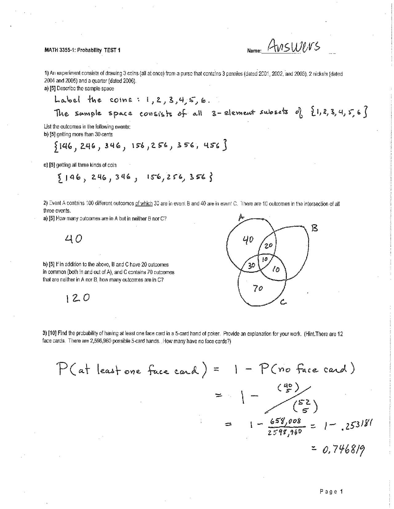 Final Exam Answer Sheet - Probability | MATH 3355 - Docsity