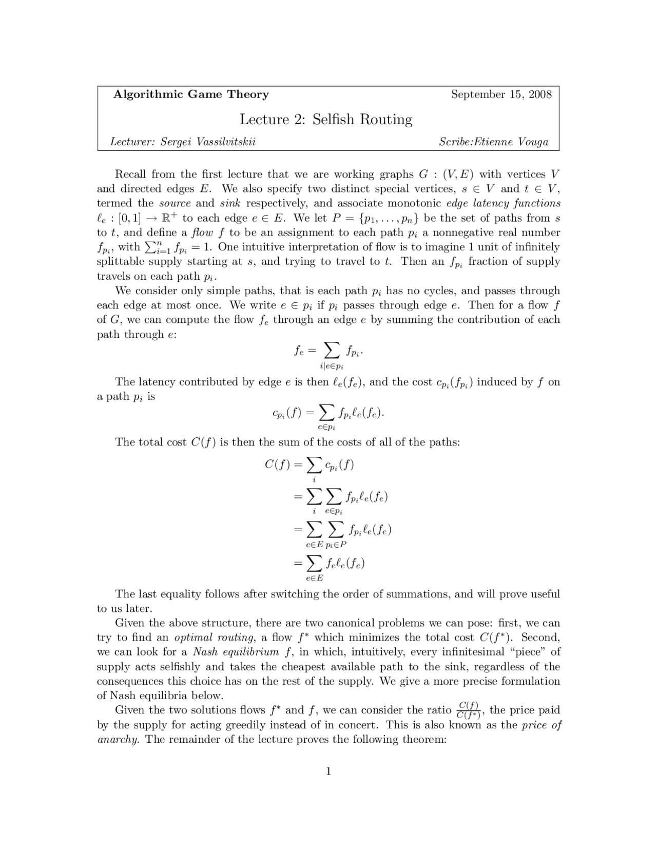 Selfish Routing, Lecture Notes - Computer Science | Study notes Game ...