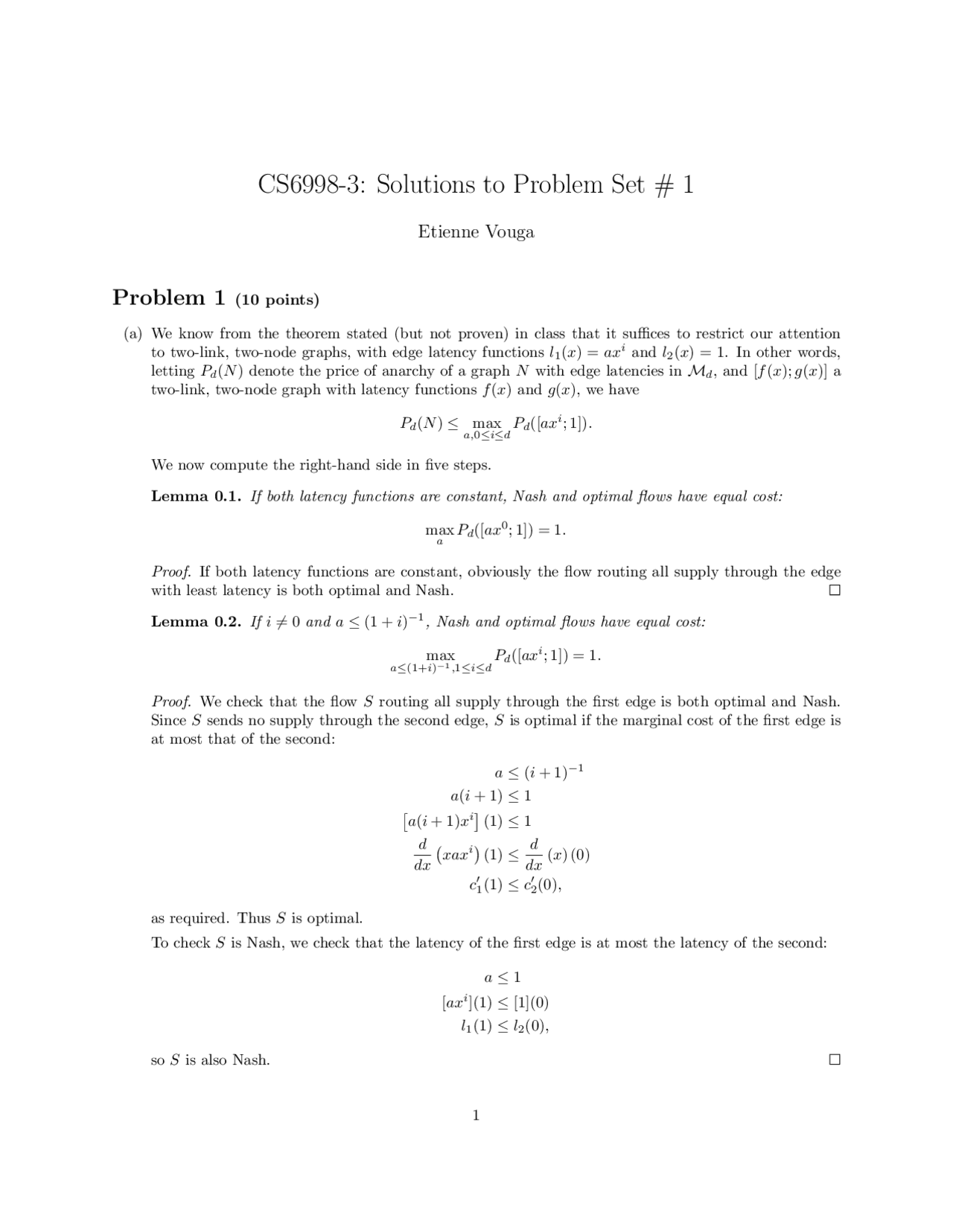 Algorithmic Game Theory 1 Exercises Solution Computer Science Docsity