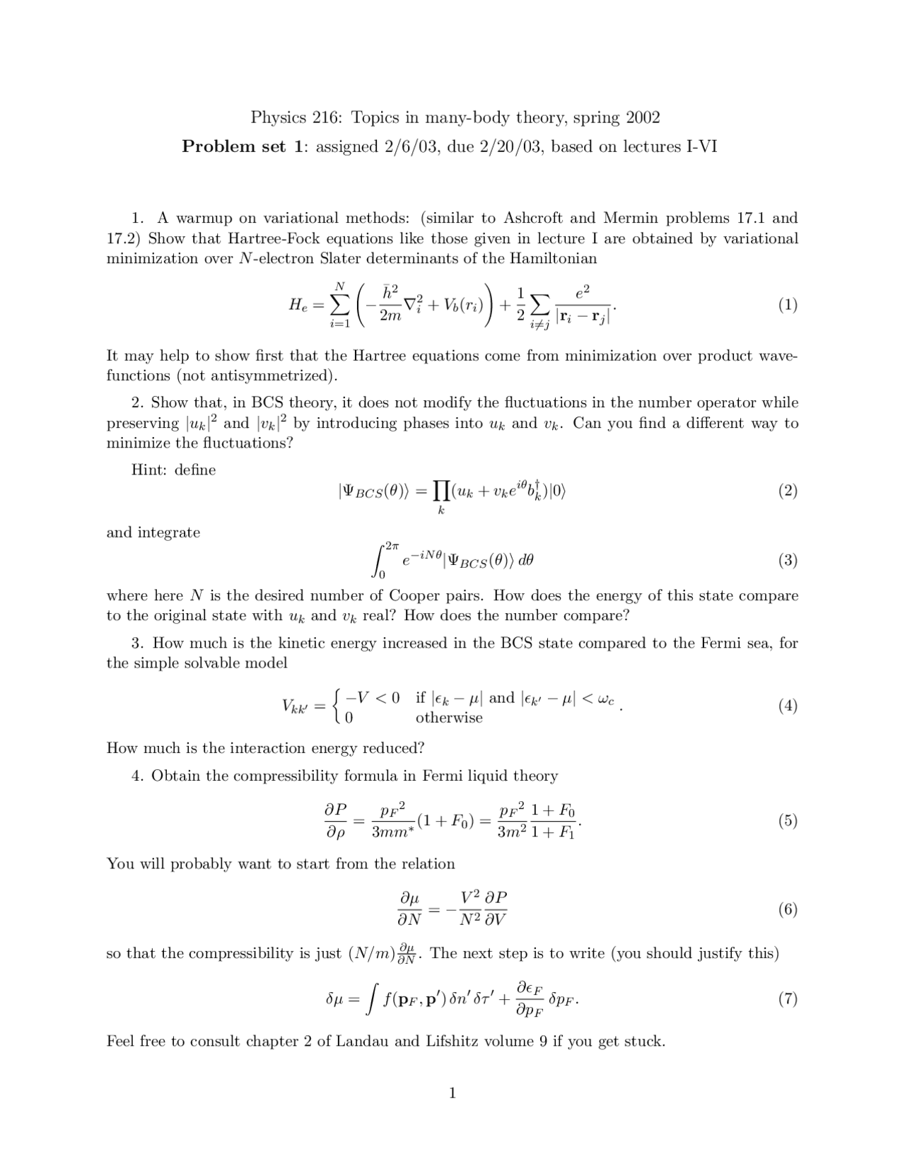 Many Body Physics 1 Exercises Physics Docsity
